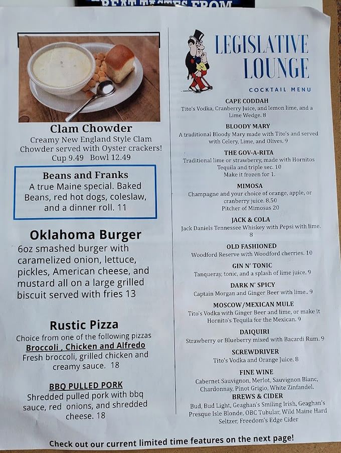 The menu offers everything from Legislative Lounge cocktails to Oklahoma Burgers, proving Governor's doesn't believe in limiting your options.