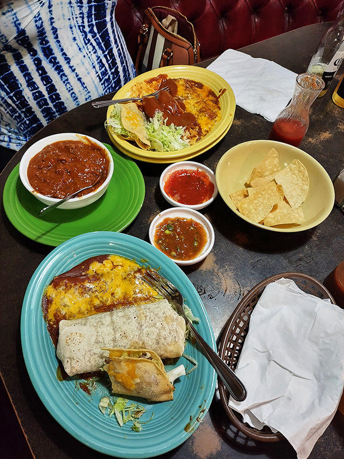 The star of the show: a perfectly crisp green chili chimichanga topped with cool sour cream and fresh guacamole.