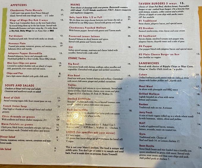 This menu reads like a greatest hits album, with options ranging from tavern burgers to that legendary vegetarian chili everyone's talking about.