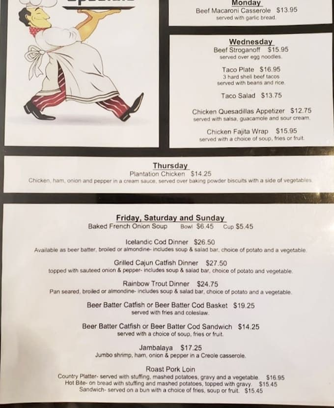 The menu reveals daily specials that rotate throughout the week, giving you excellent excuses to become a regular customer.