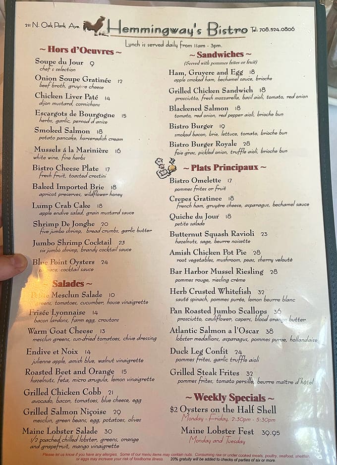 The menu reads like a love letter to French cuisine, featuring everything from classic bistro fare to that legendary weekend-only Beef Wellington.