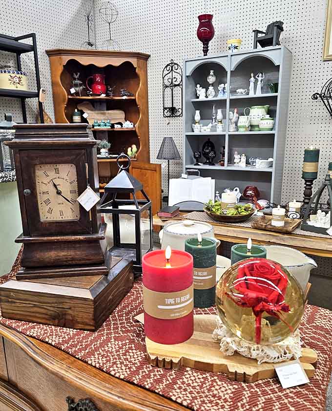 Time stands still among these vintage timepieces and decorative items, each one carrying whispers of homes they once adorned.