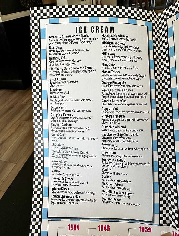 Decision paralysis alert! This menu of frozen treasures offers everything from mysterious Blue Moon to decadent Mackinac Island Fudge.