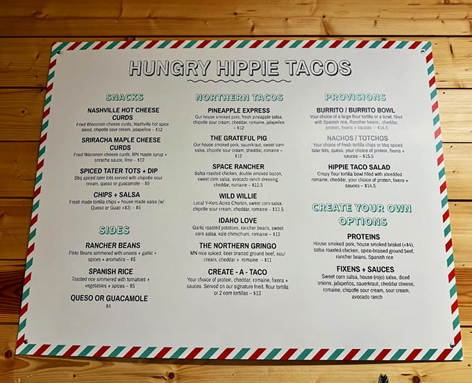 The menu board showcases creative taco names that sound like a Grateful Dead setlist, with options for every appetite.