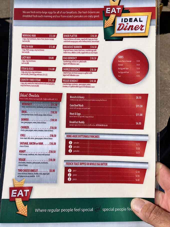 This menu speaks plain English and delivers honest food, from Working Man breakfasts to omelets that actually taste like the ingredients inside them.