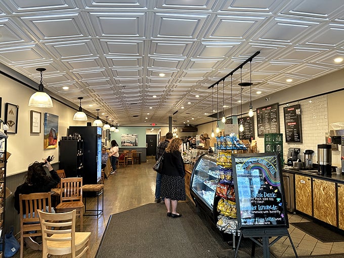 Rustic wooden beams meet modern white subway tiles in this thoughtfully designed space, where "Made Fresh Daily" isn't just a sign.