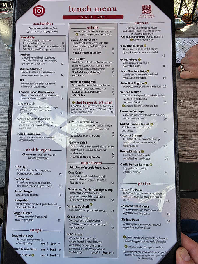 The lunch menu reads like a love letter to Midwest classics with sophisticated twists. Notice those chef's burgers? Each one's a handheld masterpiece waiting to happen.