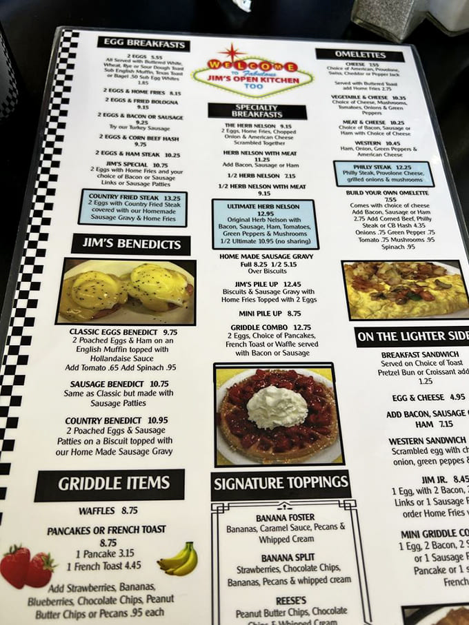 The menu at Jim's reads like a love letter to breakfast classics - just look at those Benedicts and the legendary Herb Nelson!