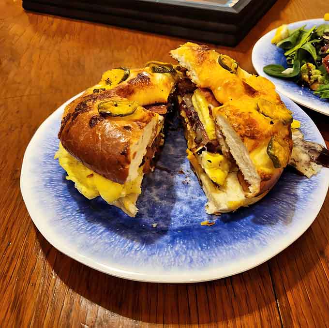 This breakfast sandwich on a pretzel roll proves that morning carbs are not just acceptable but absolutely necessary.