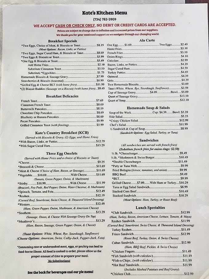 Menu: A treasure map of comfort classics &ndash; breakfast specials, hearty sandwiches, and the promise of pie paradise at the bottom.
