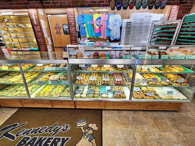 A treasure trove of temptation awaits behind gleaming glass, where colorful cake donuts line up like edible jewels waiting to be claimed.