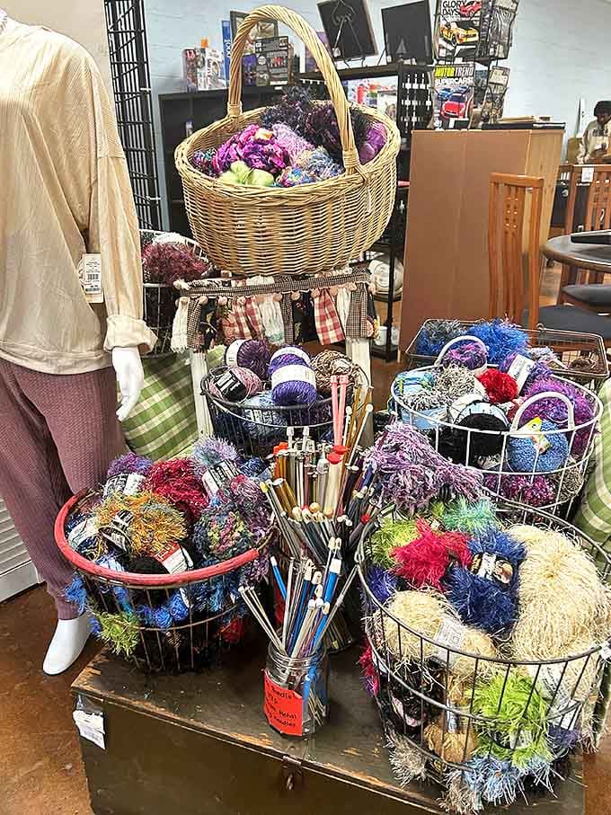 Crafters, rejoice! Baskets overflowing with colorful yarn and supplies make this corner a fiber artist's paradise without the boutique prices.