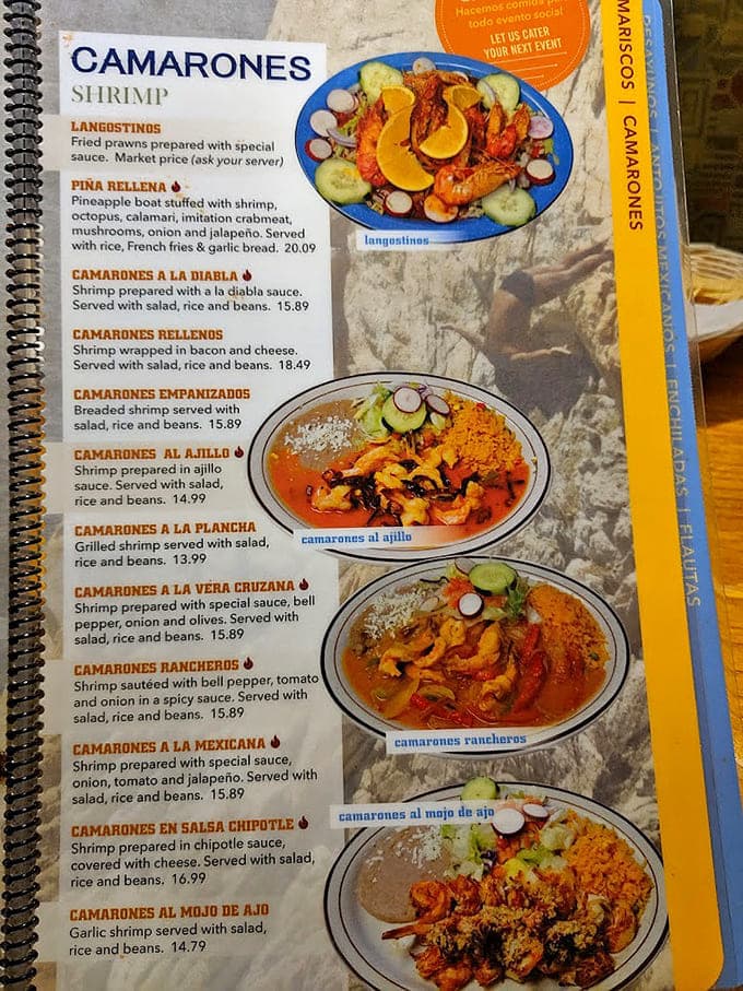 This menu reads like a love letter to Mexican seafood, with enough shrimp preparations to keep you coming back for months.