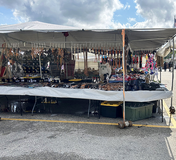 This vendor's display is a leather lover's dream – belts, wallets, and accessories hanging like fashionable fruit ripe for the picking.