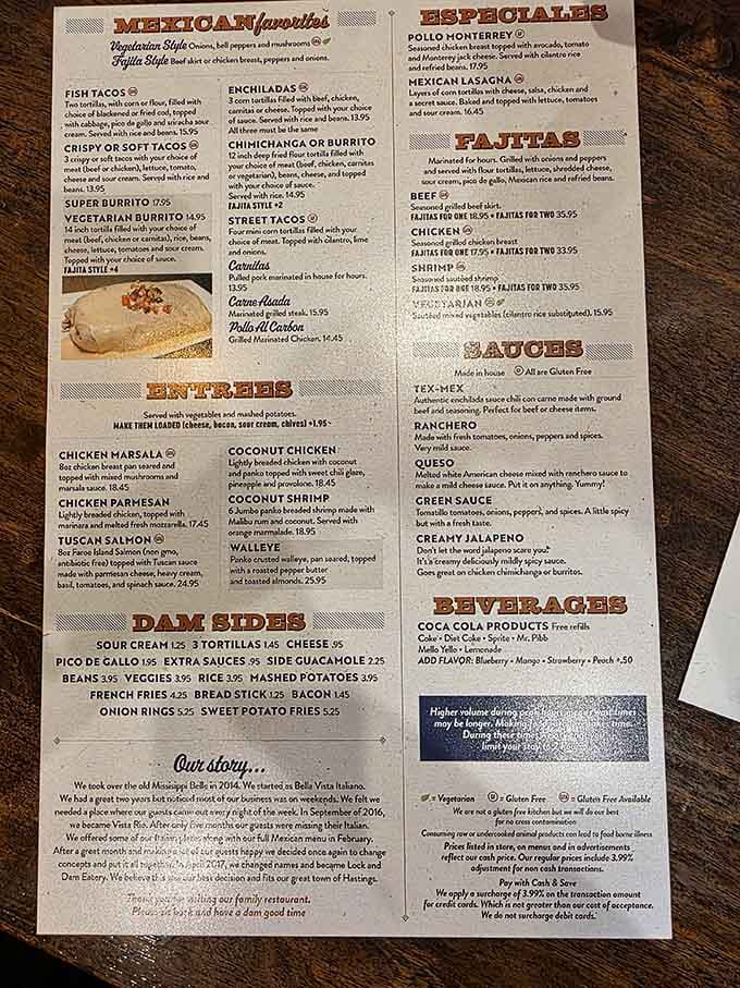 This menu reads like a greatest hits album of Tex-Mex and American comfort food, with options that'll make decision-making delightfully difficult.