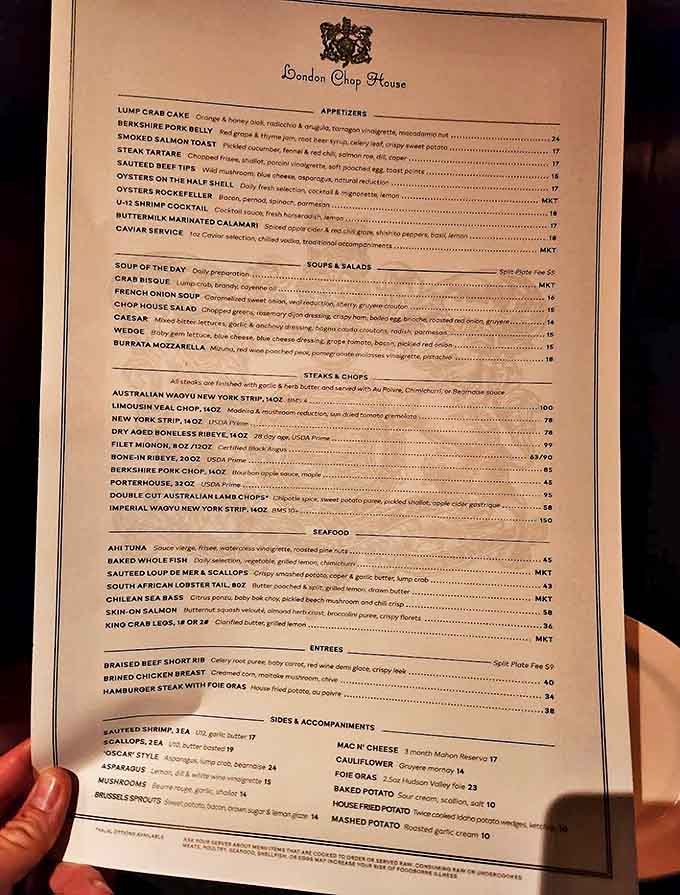 The menu reads like a carnivore's dream &ndash; prime cuts, classic preparations, and seafood selections that rival coastal establishments.