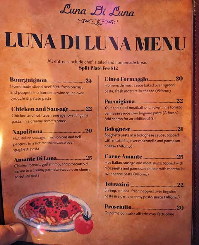 The menu reads like an Italian greatest hits album, offering everything from Bourguignon to Bolognese, all designed to loosen your belt several notches.