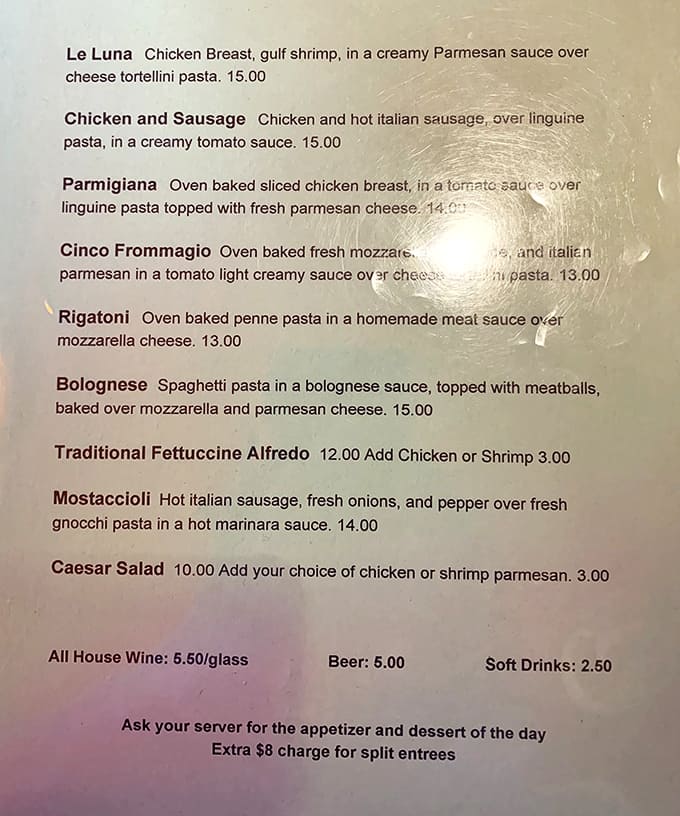 This menu reads like poetry for pasta lovers, each dish a verse celebrating the simple perfection of Italian comfort food done right.