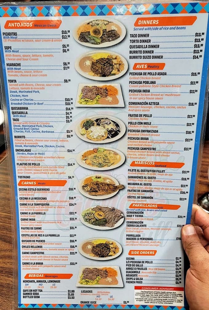 This menu is your treasure map to flavor town, offering everything from antojitos to mariscos at prices that won't require a second mortgage.