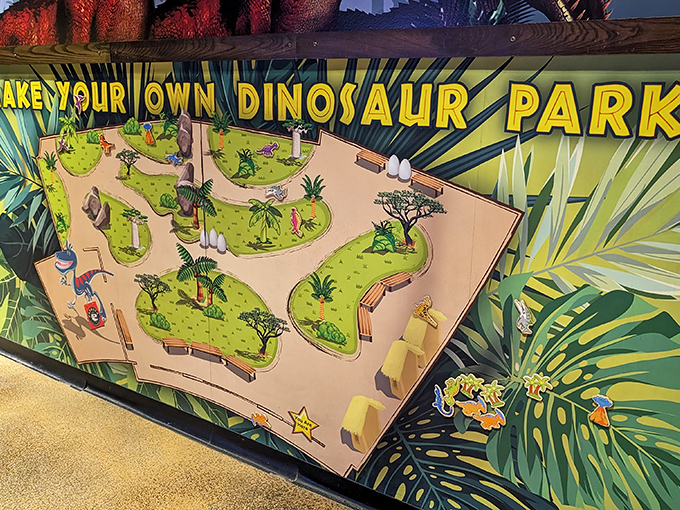 Budding park designers create their own Jurassic worlds. This interactive display lets kids arrange miniature dinosaurs in landscapes of their imagination.