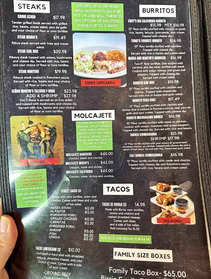 This menu reads like a greatest hits album of Mexican cuisine, each dish ready to deliver satisfaction without requiring a second mortgage to afford.