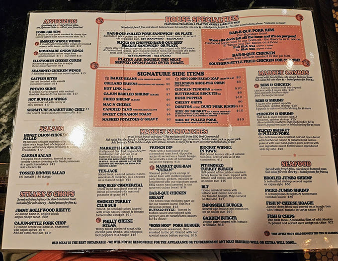This menu reads like a barbecue lover's wish list, offering everything from pulled pork to ribeye steaks with all the fixings.