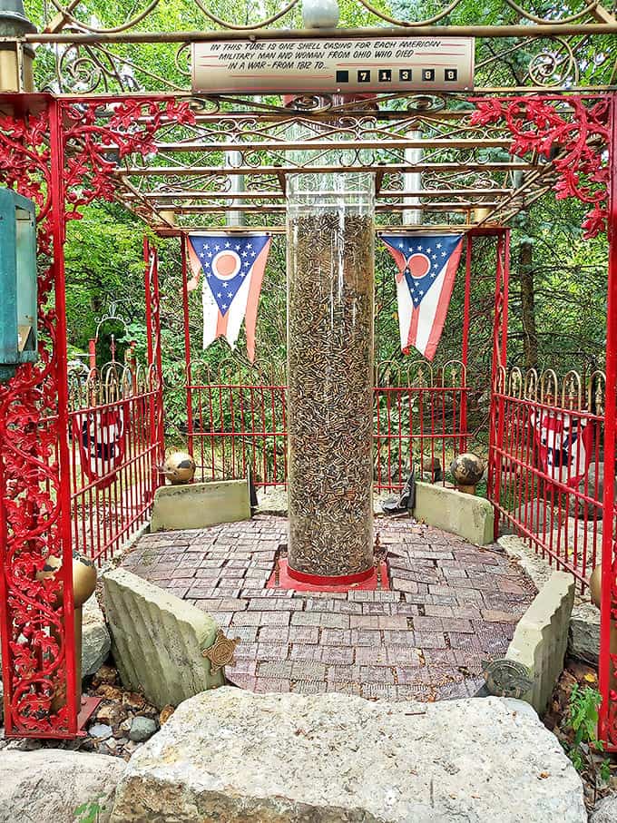 A poignant memorial where each shell casing represents an Ohio service member lost in war &ndash; a sobering reminder within this peaceful space.