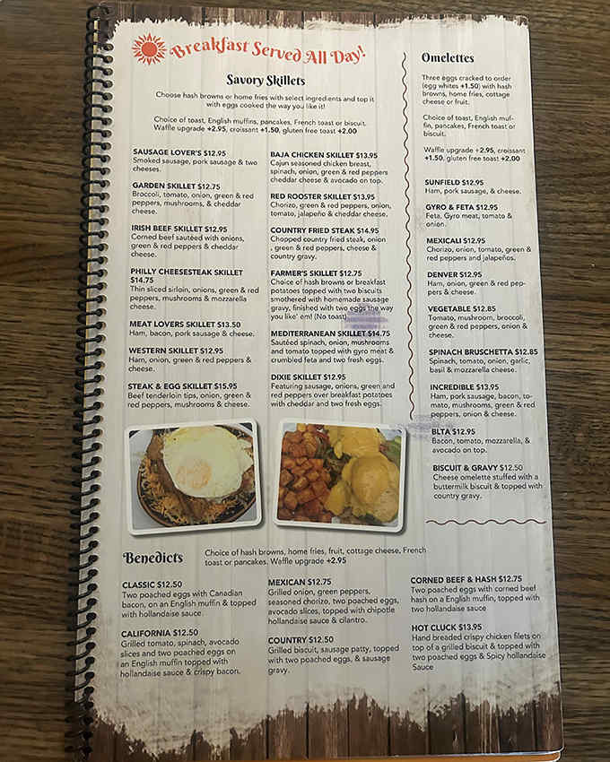 This menu reads like a love letter to morning indulgence, with enough skillet options to require a strategic planning session.
