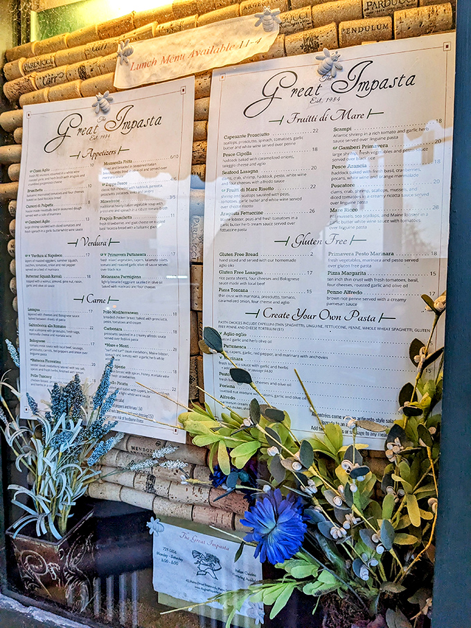The menu board showcases Italian classics alongside seafood specialties, with handwritten details hinting at the care put into each dish.