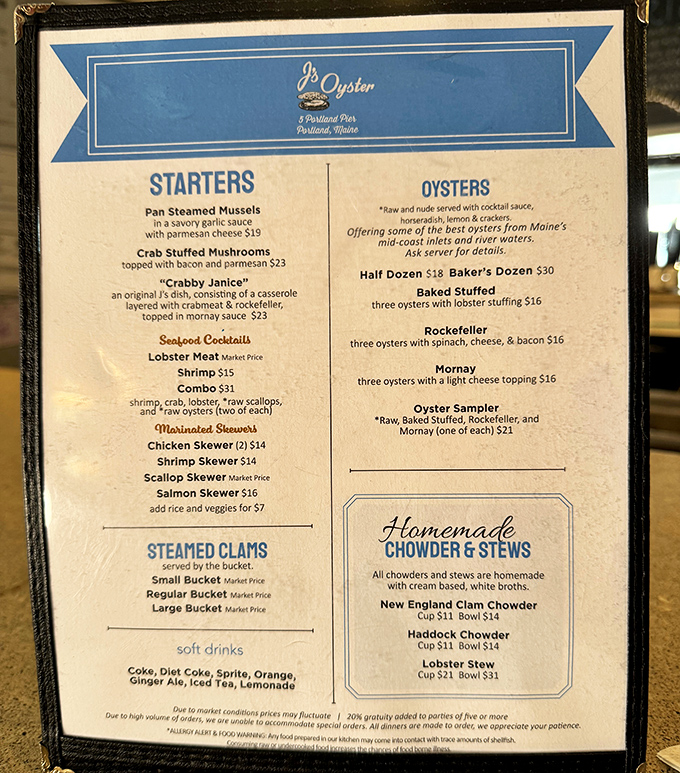 The menu at J's reads like poetry for seafood lovers &ndash; from raw oysters to their famous "Crabby Janice," each dish celebrates Maine's coastal bounty.