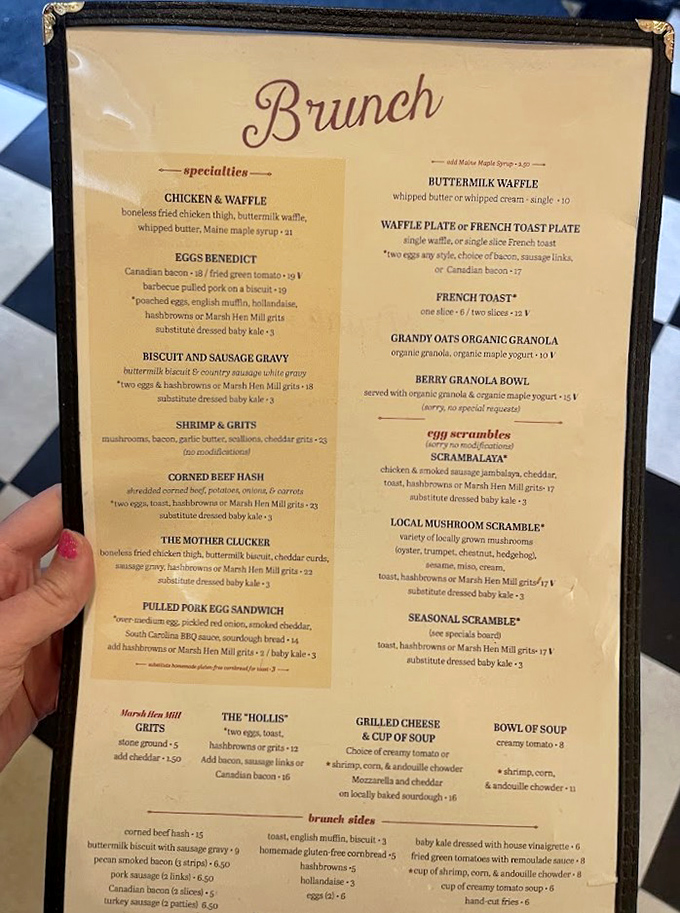 A treasure map of Southern delights, this brunch menu showcases classics from chicken and waffles to shrimp and grits.