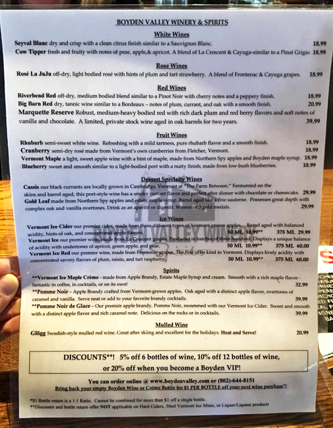 The extensive menu showcases Vermont's liquid treasures &ndash; from crisp Seyval Blanc to the award-winning Cassis that pairs divinely with chocolate desserts.