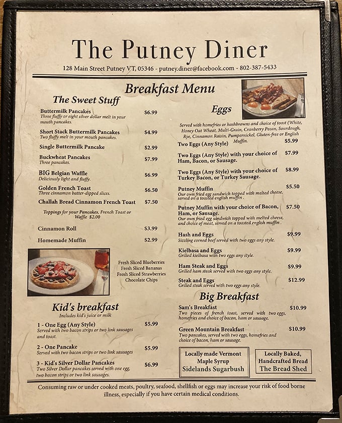 Decisions, decisions! The breakfast menu showcases Vermont classics from fluffy pancakes to farm-fresh eggs.