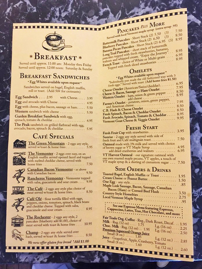 This isn't just a menu &ndash; it's a roadmap to happiness. The Vermonter breakfast options showcase local ingredients that'll make you consider relocating permanently.