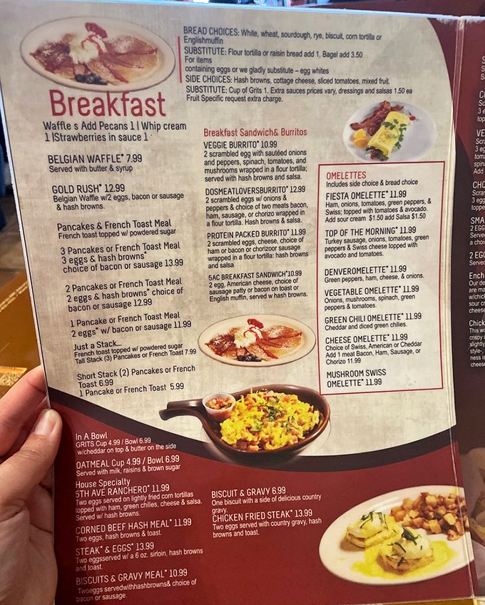 Menu: A symphony of breakfast possibilities awaits, from Belgian waffles to protein-packed burritos &ndash; each promising morning delight.