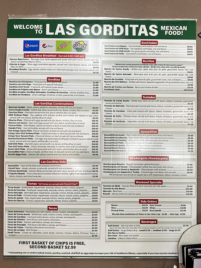 The menu board at Las Gorditas reads like a love letter to Mexican cuisine &ndash; each item promising a different kind of delicious adventure.