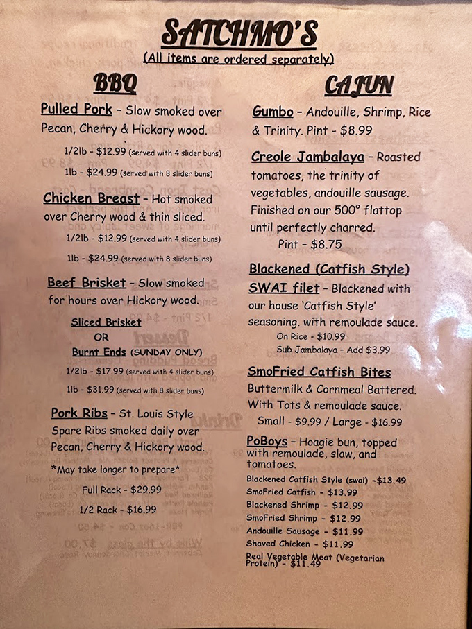 The menu at Satchmo's reads like a love letter to Louisiana, with BBQ playing the perfect supporting role. Decisions, decisions!