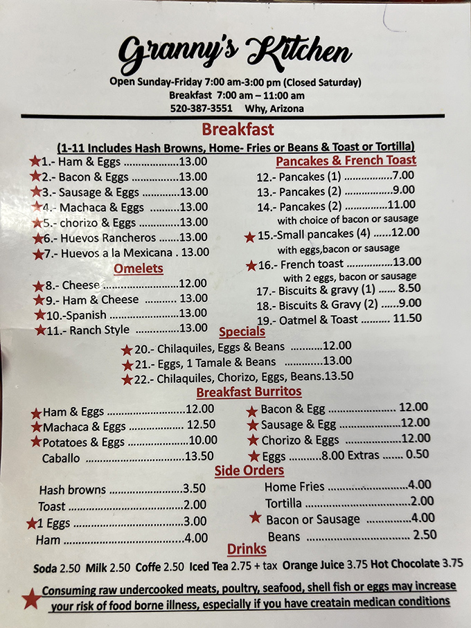 The menu showcases breakfast classics and Mexican specialties, with stars marking customer favorites that shouldn't be missed.