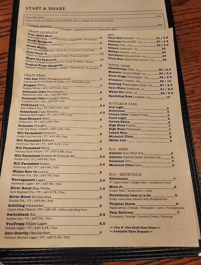 The drink menu reads like a love letter to Vermont craft brewing, with local IPAs and stouts sharing space with creative cocktails.