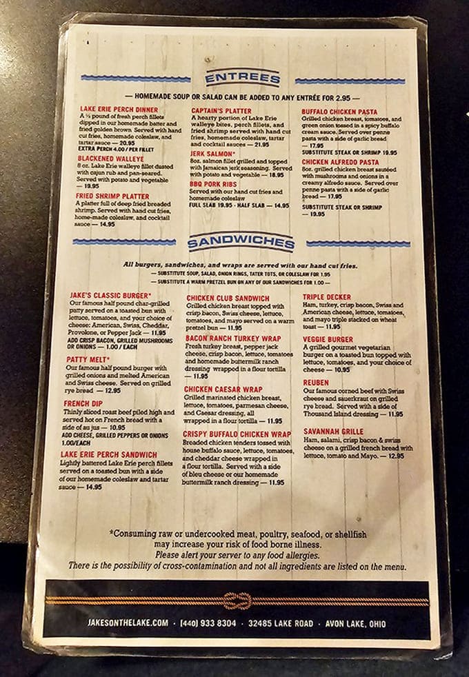 A well-worn menu tells the delicious story of Jake's offerings &ndash; from Lake Erie perch to hearty burgers and everything in between.