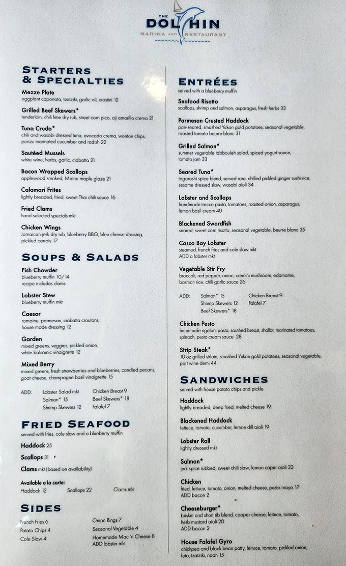 The menu reads like a love letter to New England seafood traditions, with each dish showcasing the ocean's bounty.