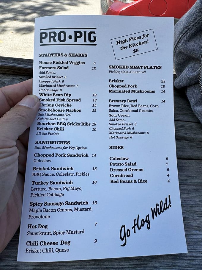 The menu reads like a love letter to smoked meats and comfort food classics, with "High Fives for the Kitchen" encouraging appreciation for the culinary team.