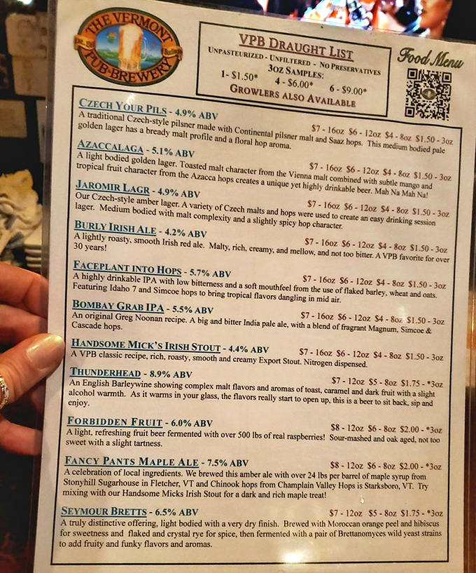 The beer menu reads like poetry for hop lovers &ndash; from Czech pilsners to fruit-forward ales, each with its own Vermont character.