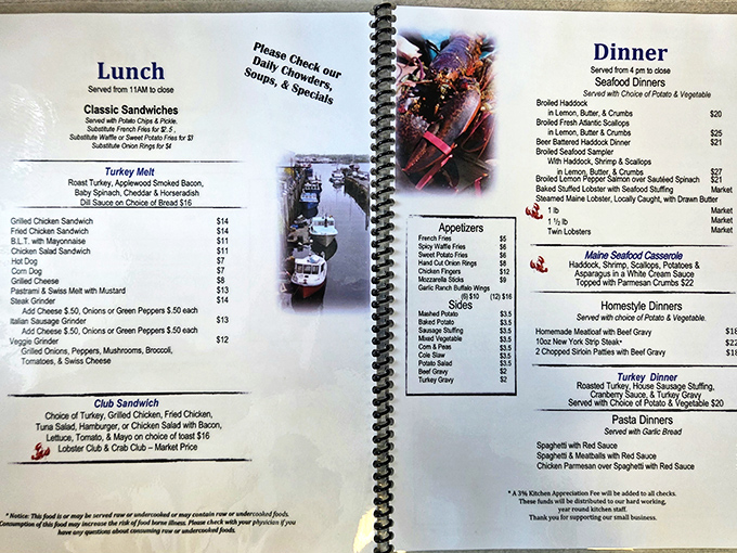 A menu that reads like a love letter to New England cuisine, from lobster benedicts to the legendary fried haddock that keeps locals coming back.