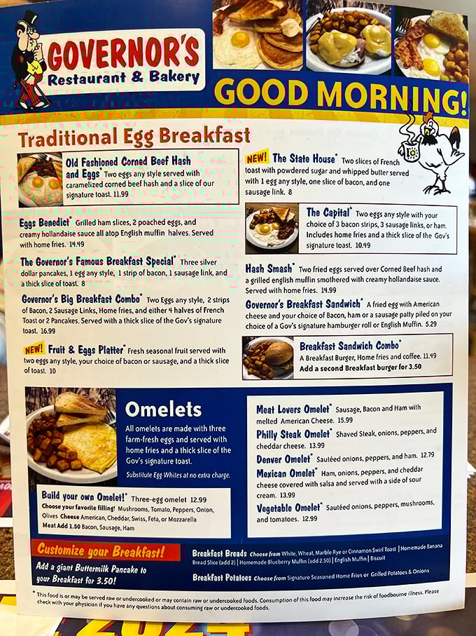 The breakfast menu at Governor's reads like a love letter to morning hunger, with options that'll make your stomach growl just looking at them.