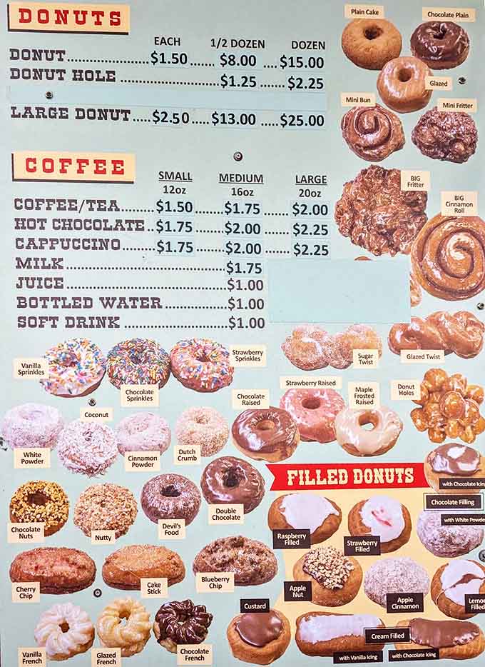 The menu board showcases an impressive array of donut varieties, from classics to specialties, all at prices that won't break the bank.