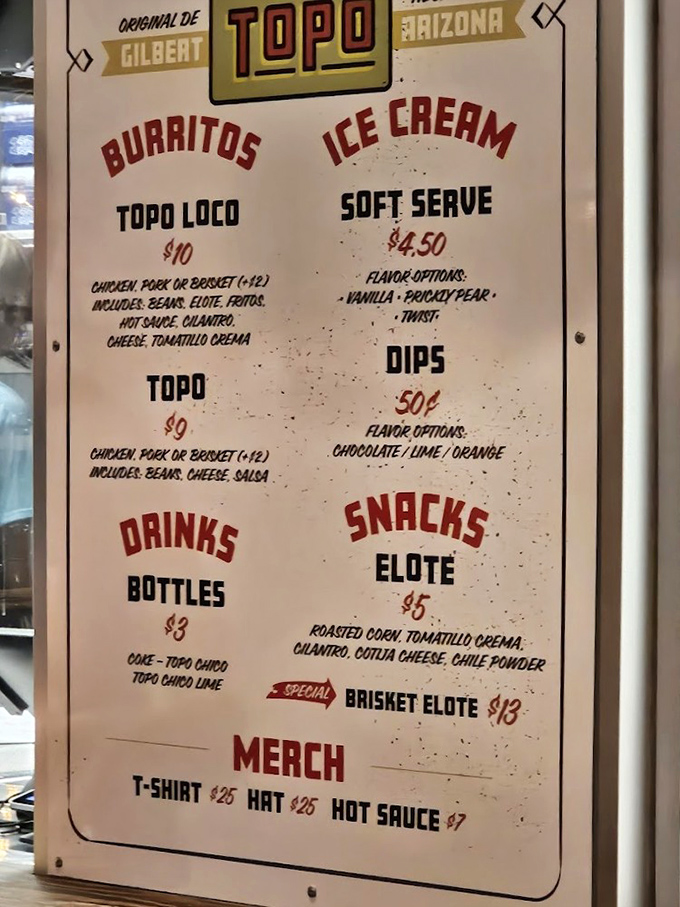 Decisions, decisions! The Topo Loco burrito adds elote, tomatillo crema, and cotija cheese to the already perfect package.