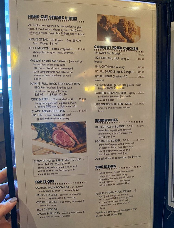 The menu reads like a greatest hits album of American classics, with hand-cut steaks and that legendary fried chicken stealing the spotlight.