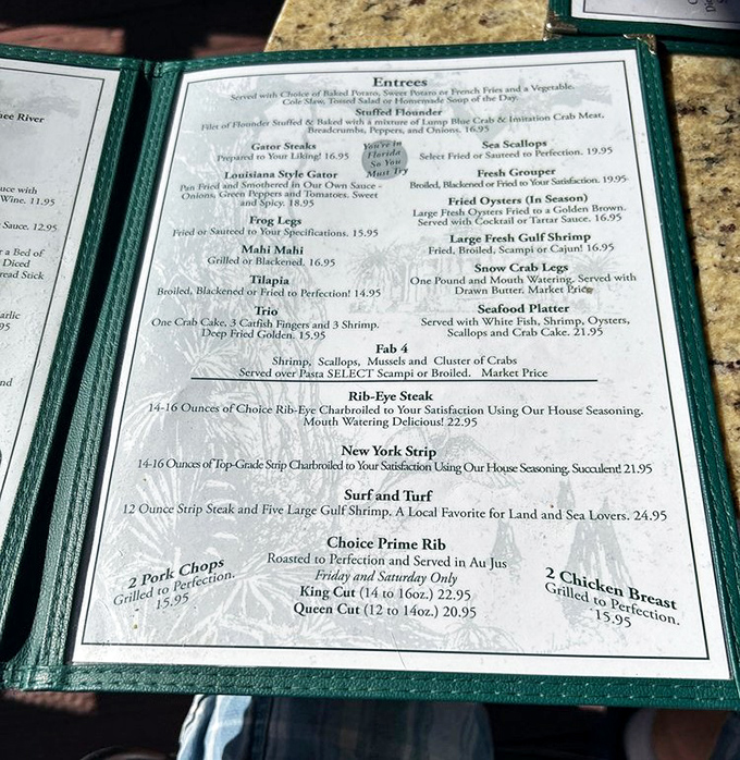 A treasure map of Florida flavors, from gator nuggets to prime rib. Each description promises a culinary journey worth taking.