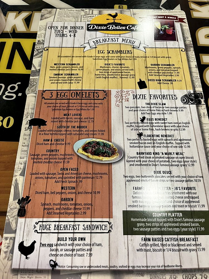 The breakfast menu showcases hearty classics and house specialties, with egg scramblers and omelets taking center stage alongside their famous biscuits.